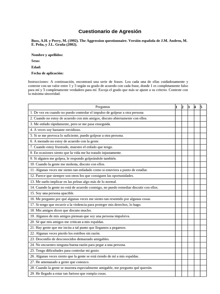 Cuestionario de Agresion | PDF