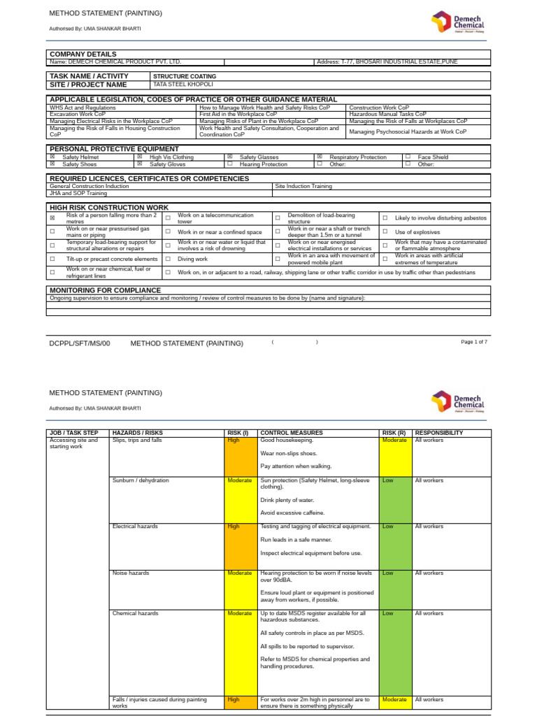 SS WHS SAF 000 Safe Work Method Statement Painting | PDF | Personal Protective Equipment ...
