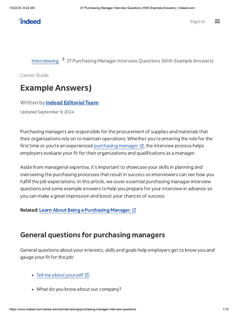 37 Purchasing Manager Interview Questions (With Example Answers) _ Indeed.com | PDF ...