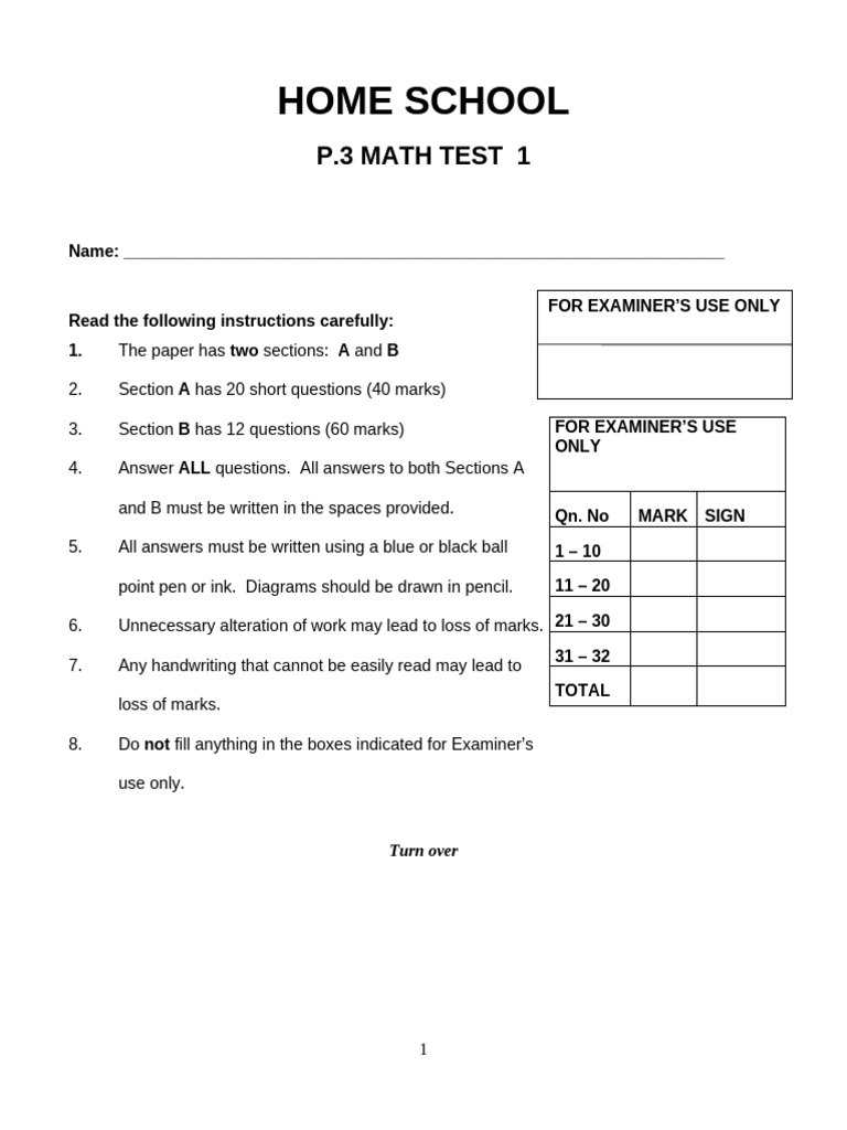 P.3 MATH TEST 1 | PDF