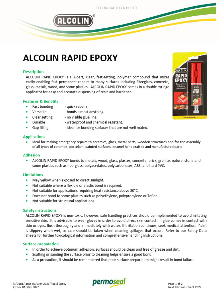 Alcolin Rapid Epoxy Technical Data Sheet | PDF | Epoxy | Adhesive