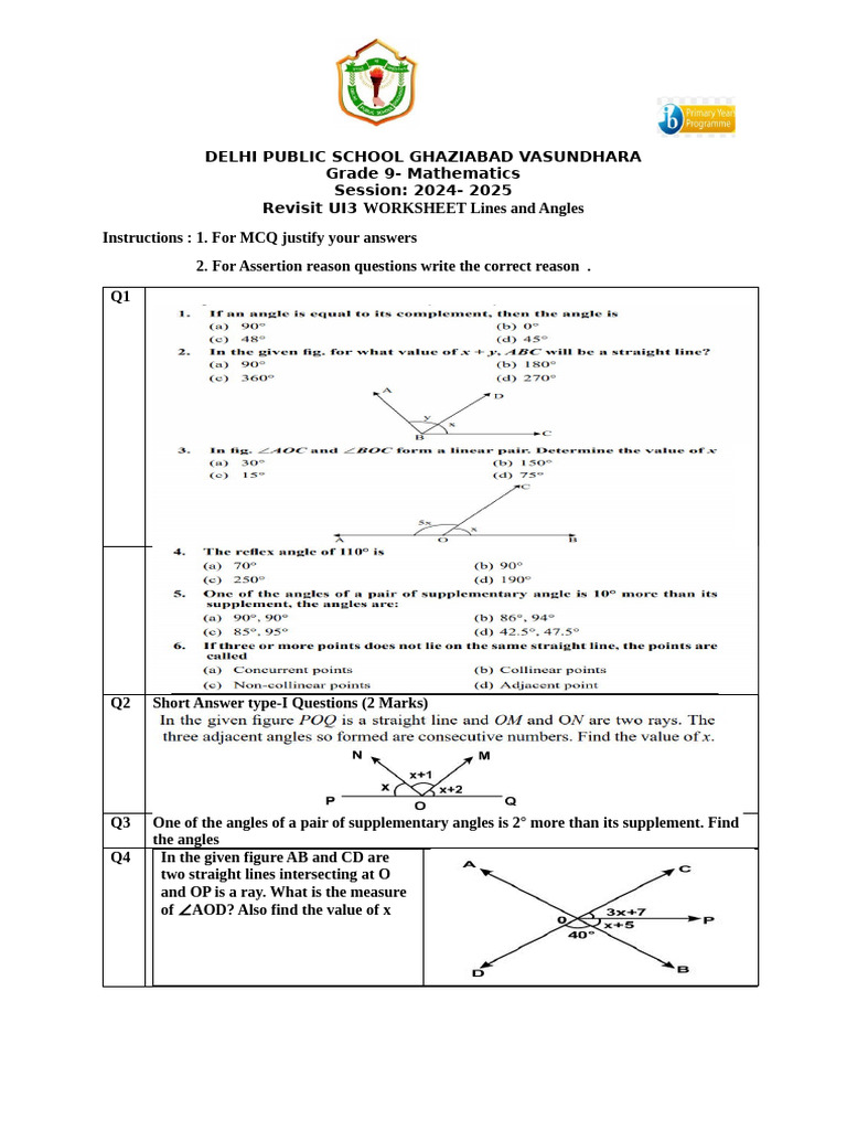 Grade 9 Math Worksheet: Lines & Angles | PDF
