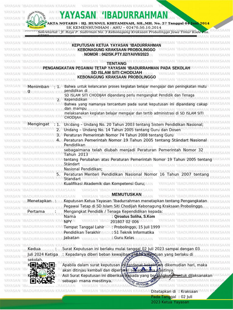 Pengangkatan Pegawai Yayasan Ibadurrahman | PDF