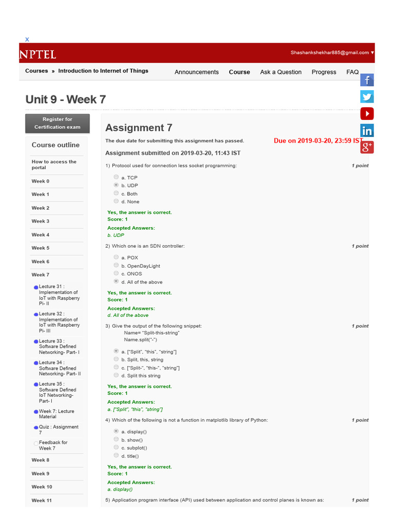 Introduction To Internet of Things - Unit 9 - Week 7 | PDF | Network Socket | Internet Protocols