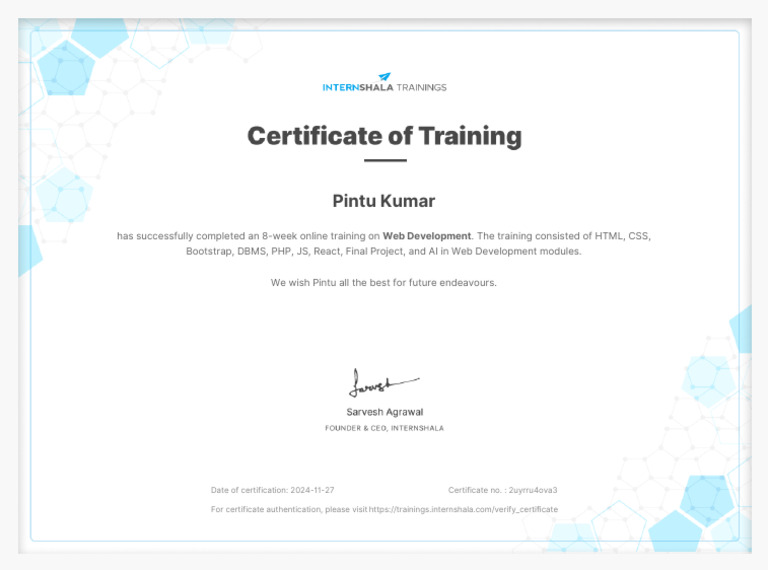 Web Development Training - Certificate of Completion | PDF