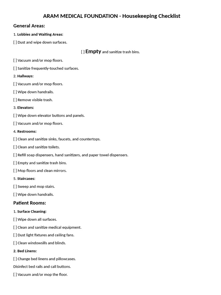 Hospital Housekeeping Checklist | PDF
