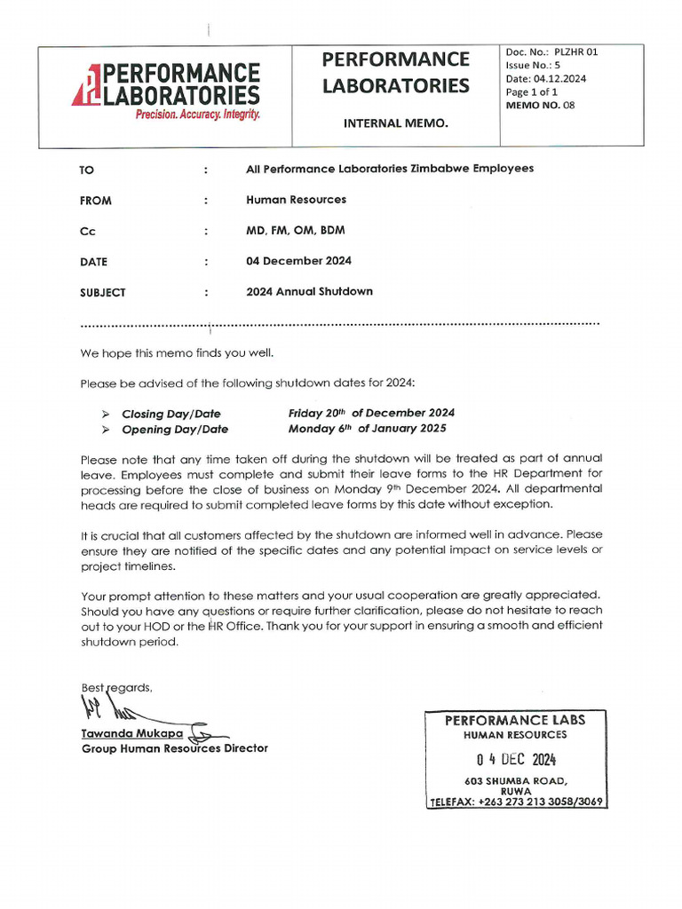 PLZ Memo - 2024 Annual Shutdown | PDF