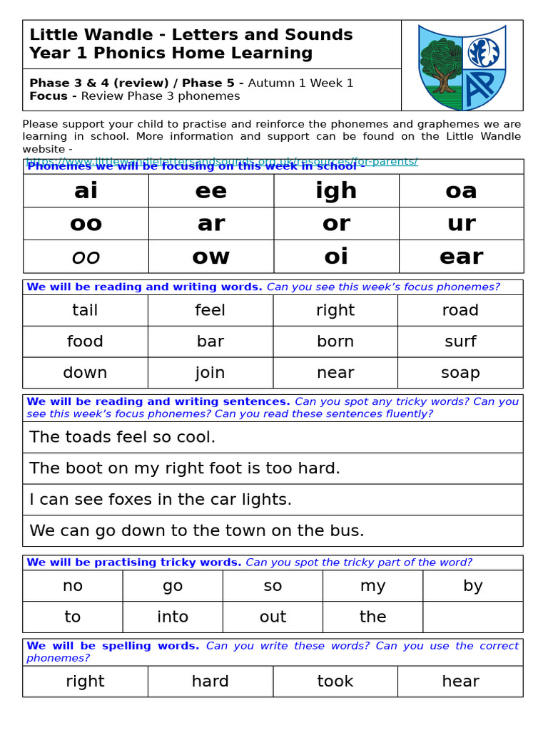Phonics Home Learning Year 1 Autumn 1.341421585 | PDF | Phonics | Phoneme