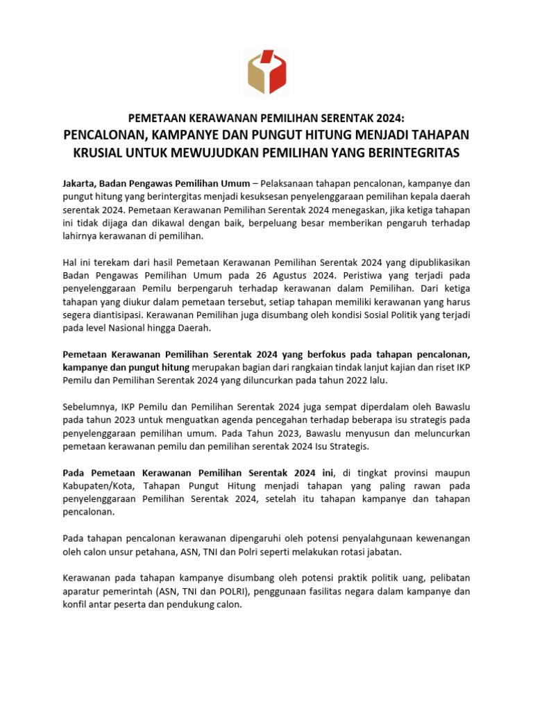2. (SIARAN PERS) RILIS PEMETAAN KERAWANAN PEMILIHAN SERENTAK 2024 | PDF