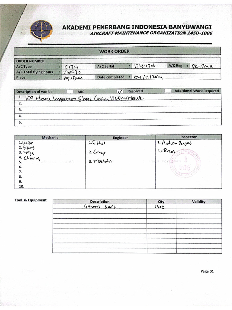 100 Hrs Inspection Sheet Pk Byq 041124 | PDF