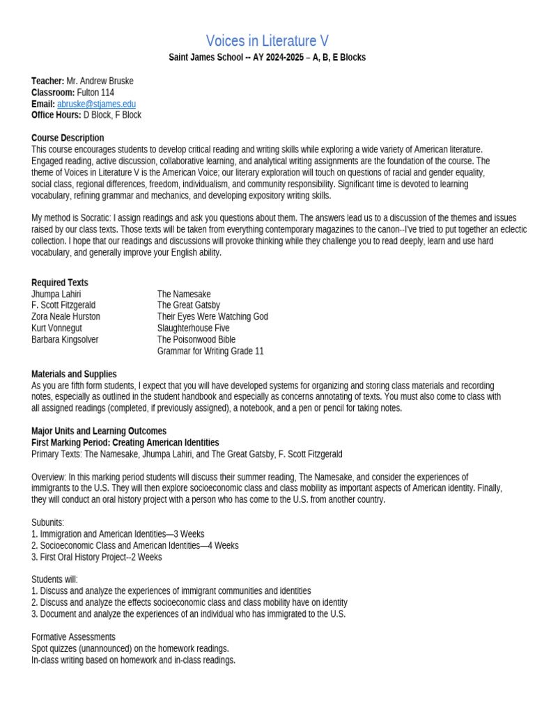 American Literature Voices Course Overview | PDF | Academic Dishonesty ...