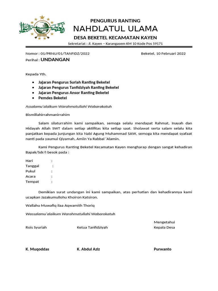 Undangan PENGURUS RANTING NU | PDF