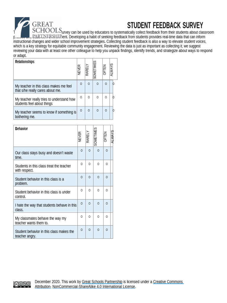 Student Feedback Survey | PDF | Teachers | Thought