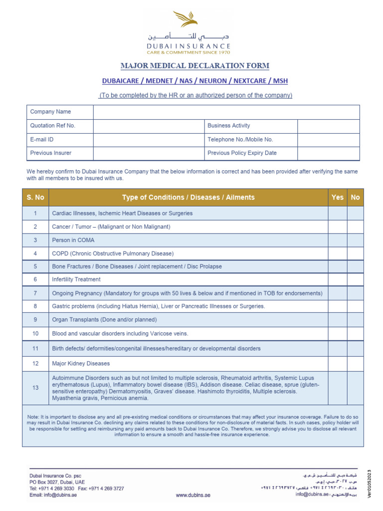 Major Declaration Form - DUBAICARE, MEDNET, NAS, NEURON, NEXTCARE | PDF ...