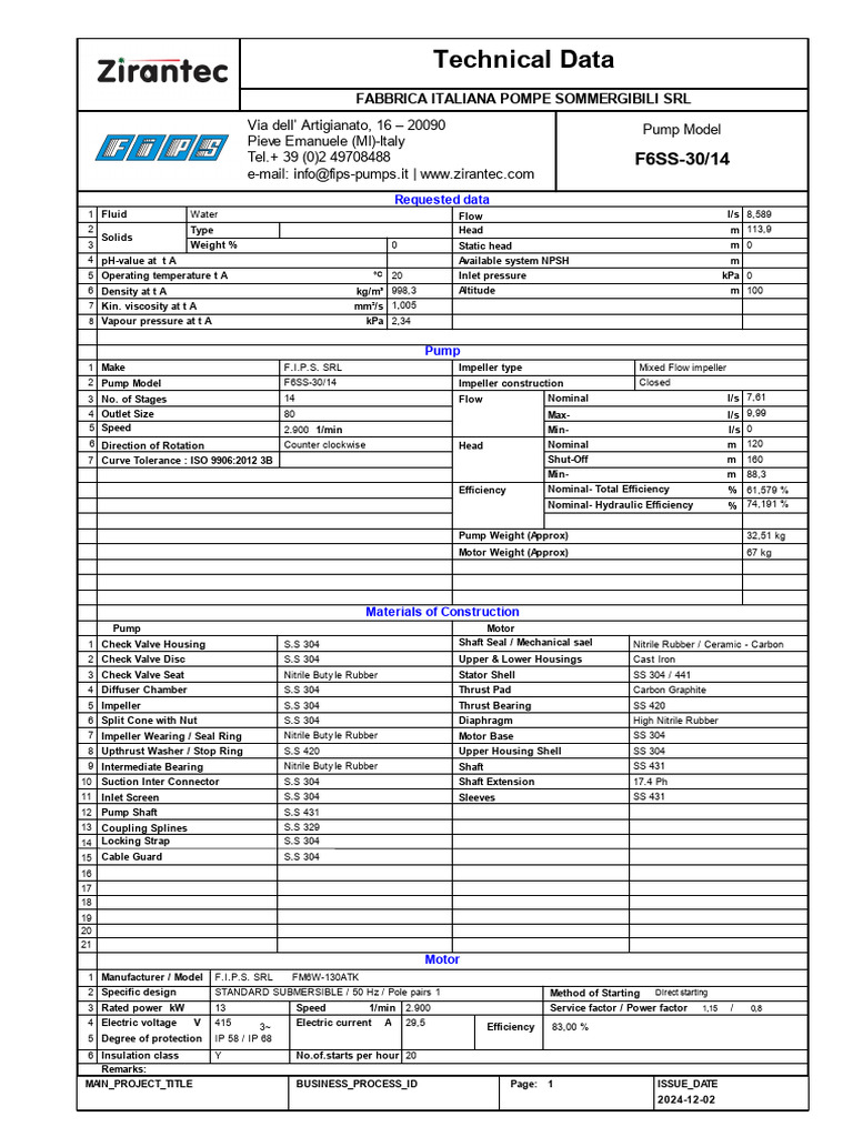 F6SS-30/14 Pump Technical Specifications | PDF | Pump | Gas Technologies
