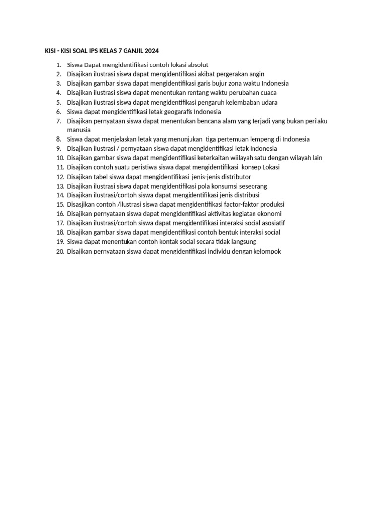 Kisi-kisi Soal Ips Kls 7 Ganjil 2024 | PDF