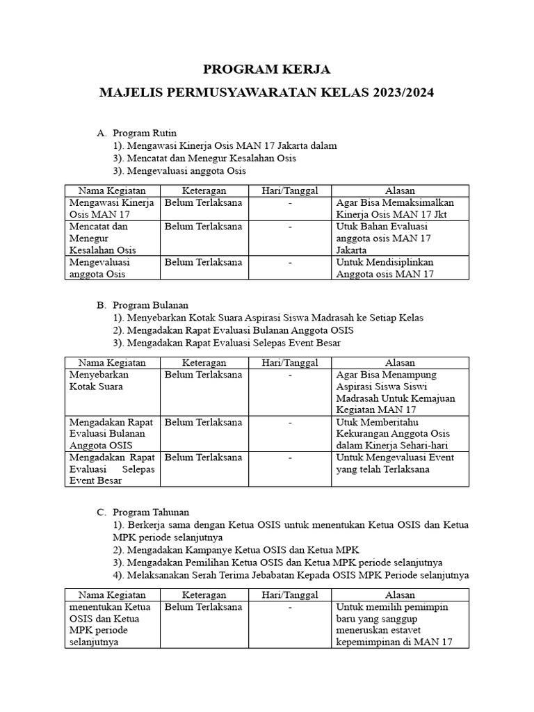 Program Kerja MPK Man 17 Jakarta 2023 | PDF