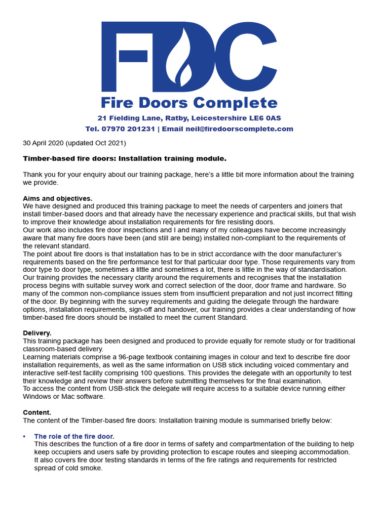 Course Content Letter Timber Based Fire Doors Installation Training Module Oct 2021 Min | PDF ...