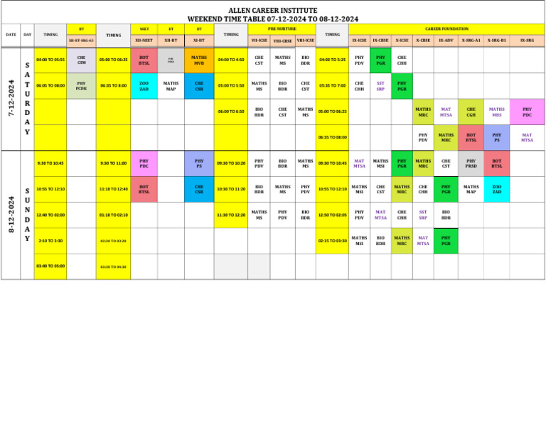 Weekend Timetable 07-12 To 08-12-2024 | PDF