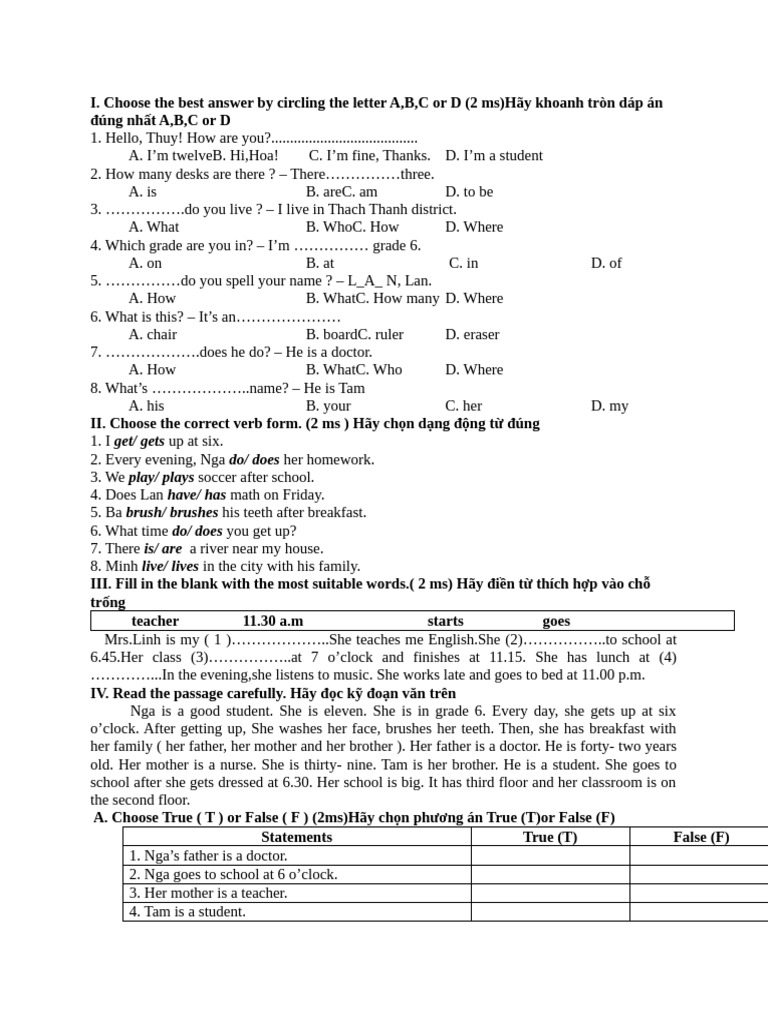 Kiểm Tra 1 Tiết Lần 2 HKI Tiếng Anh Lớp 6 (With Key) 1 | PDF
