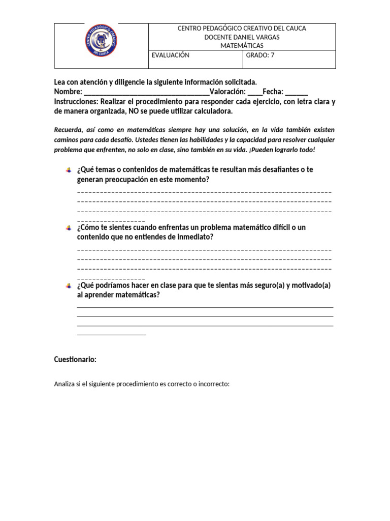 Eva Operaciones Comb Mult 7 | PDF | Evaluación | Cognición