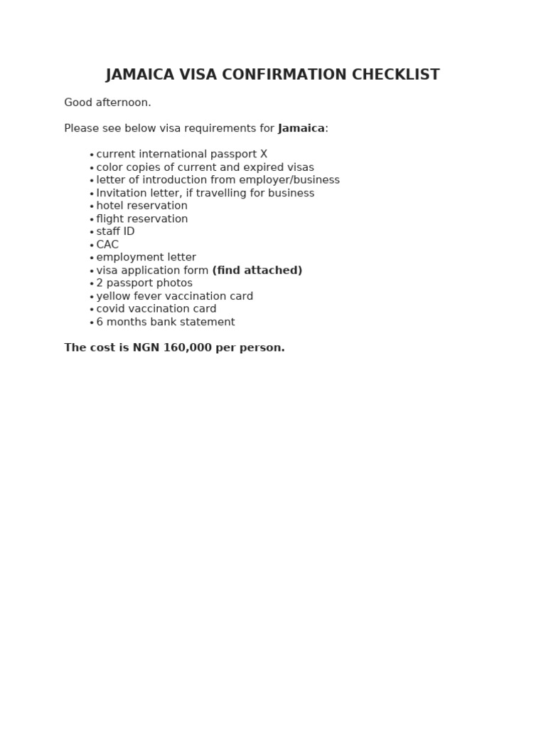 Jamaica Visa Confirmation Checklist | PDF