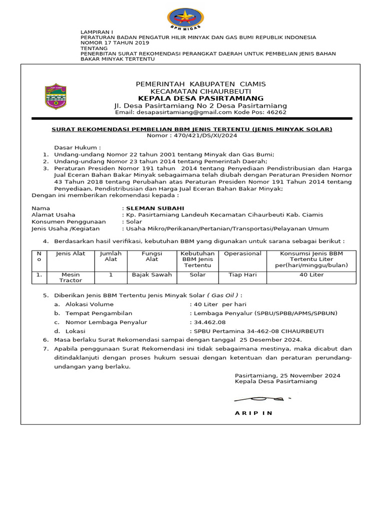 Surat Keterangan Pembelian BBM 2024 | PDF