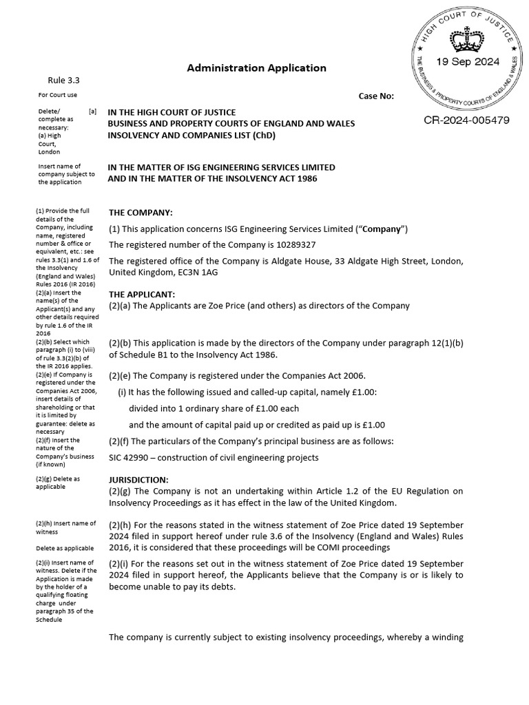 Sealed - Application Notice - Administration Application - ISG ...