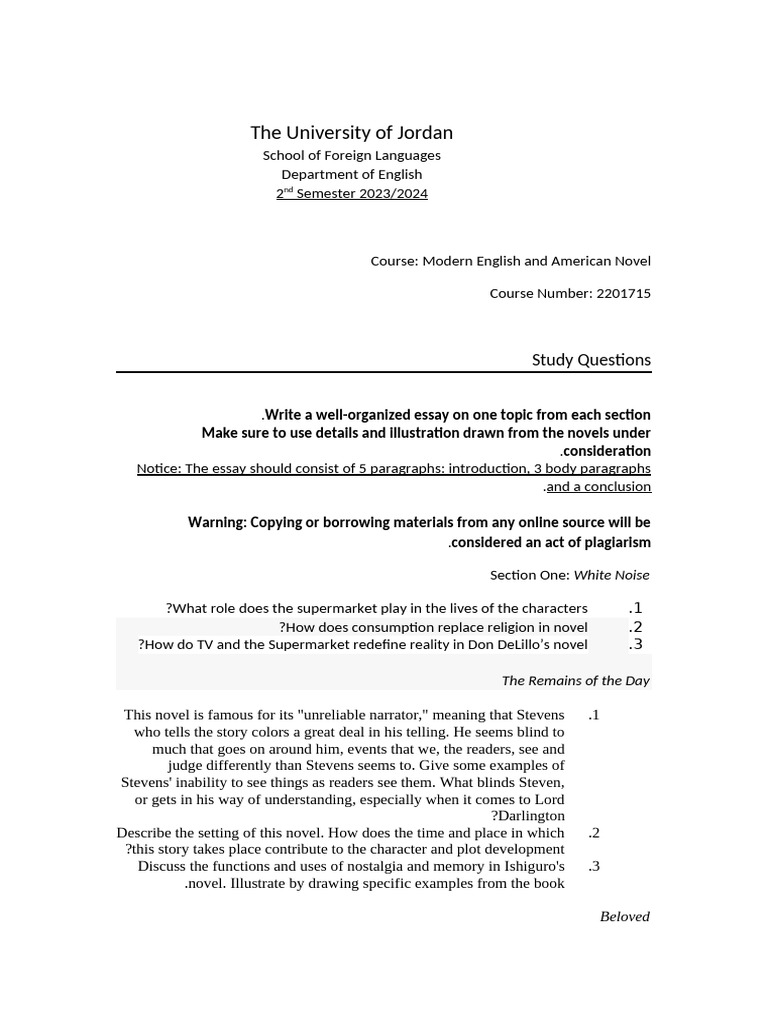 Novel Study Questions for Essays | PDF