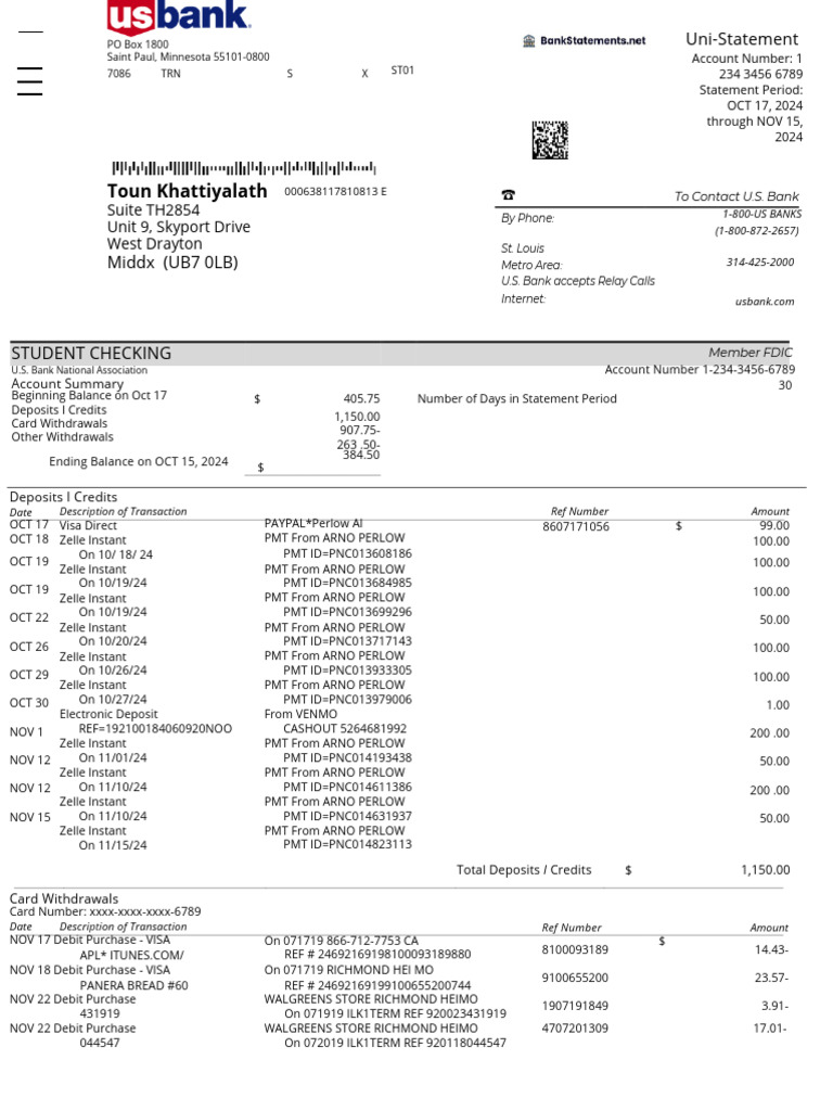 US Bank Statement BankStatements PDF | PDF | Credit Card | Debit Card
