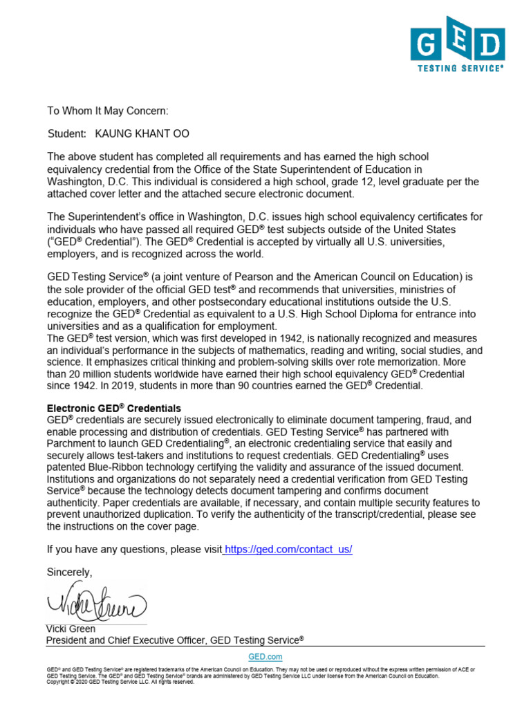 GED Certificate and Transcript | PDF | General Educational Development