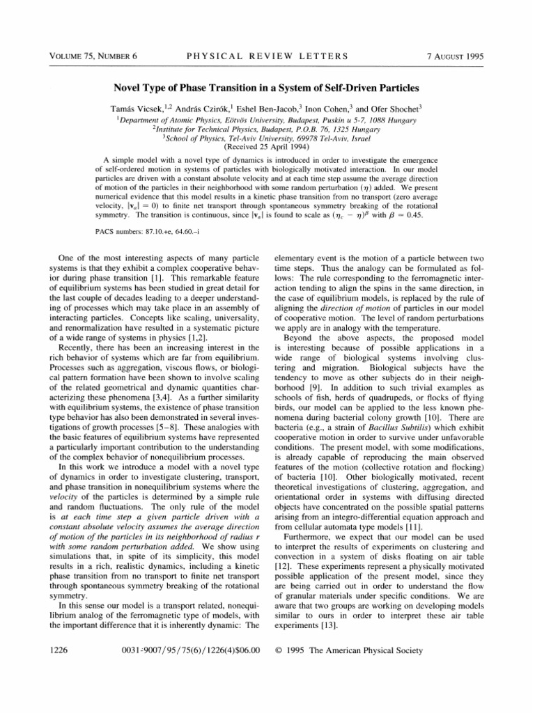 Novel Type of Phase Transition in A System of Self-Driven Particles | PDF | Phase Transition ...