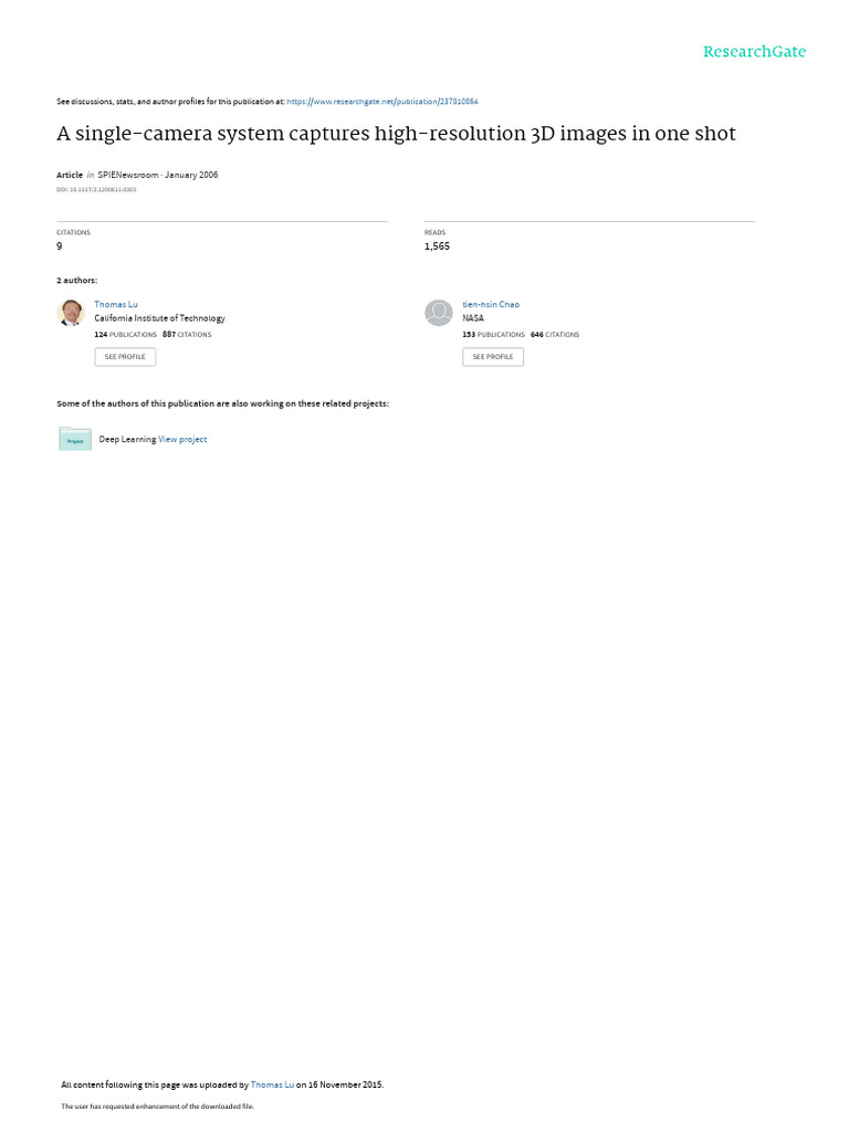 A Single-Camera System Captures High-Resolution 3D | PDF | Stereoscopy ...