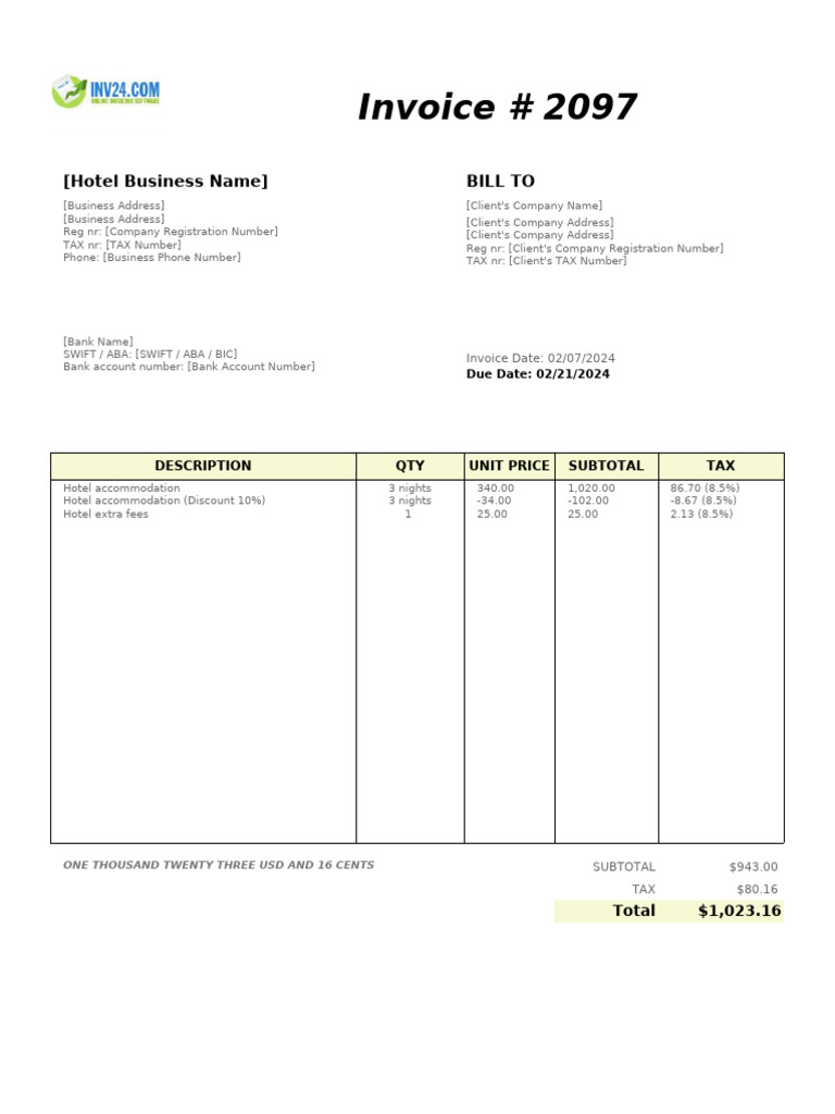 Hotel Invoice #2097 Template | PDF