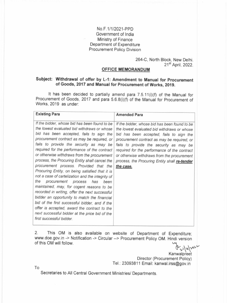 Withdrawal of Offer by L1 Amendment To Manual For Procurement of Goods ...