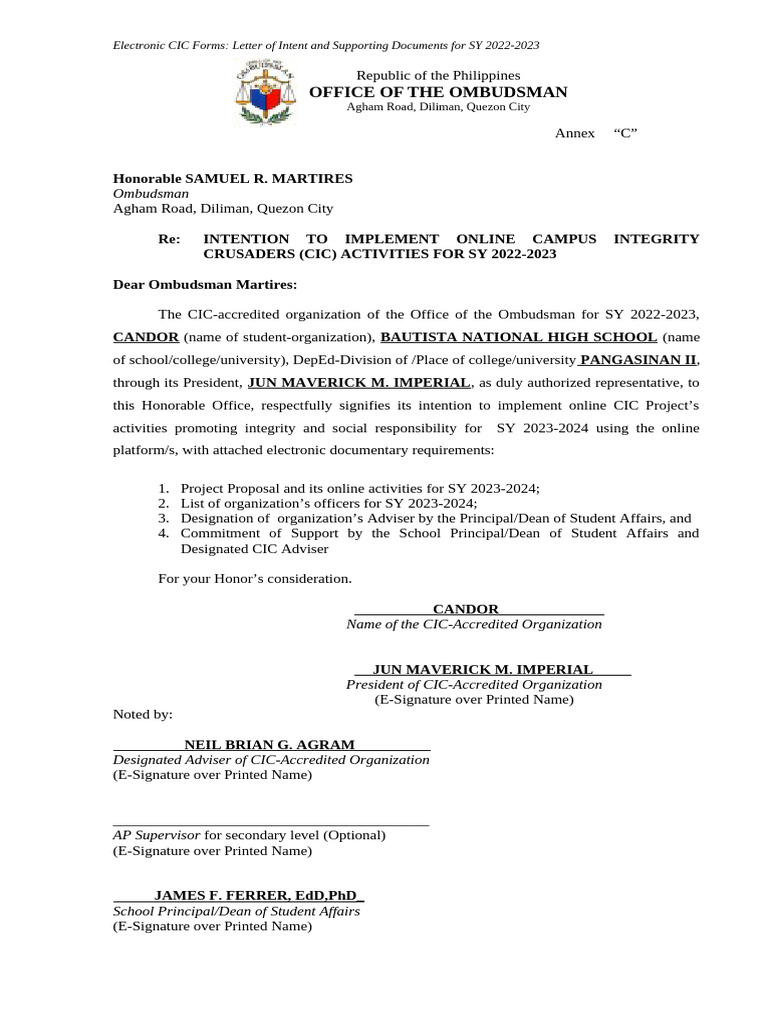 2023 2024 CIC Eforms Annex C G Renewal Bautista NHS | PDF | Integrity