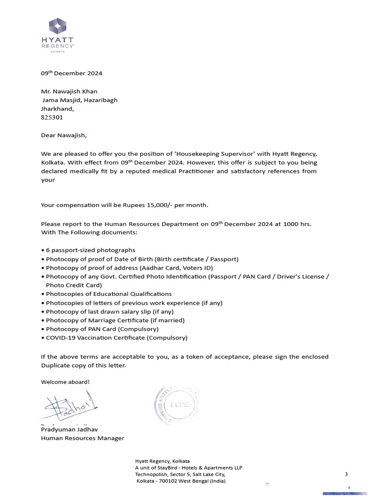 Offer Letter - Nawajish Khan | PDF | Identity Document | Government And ...