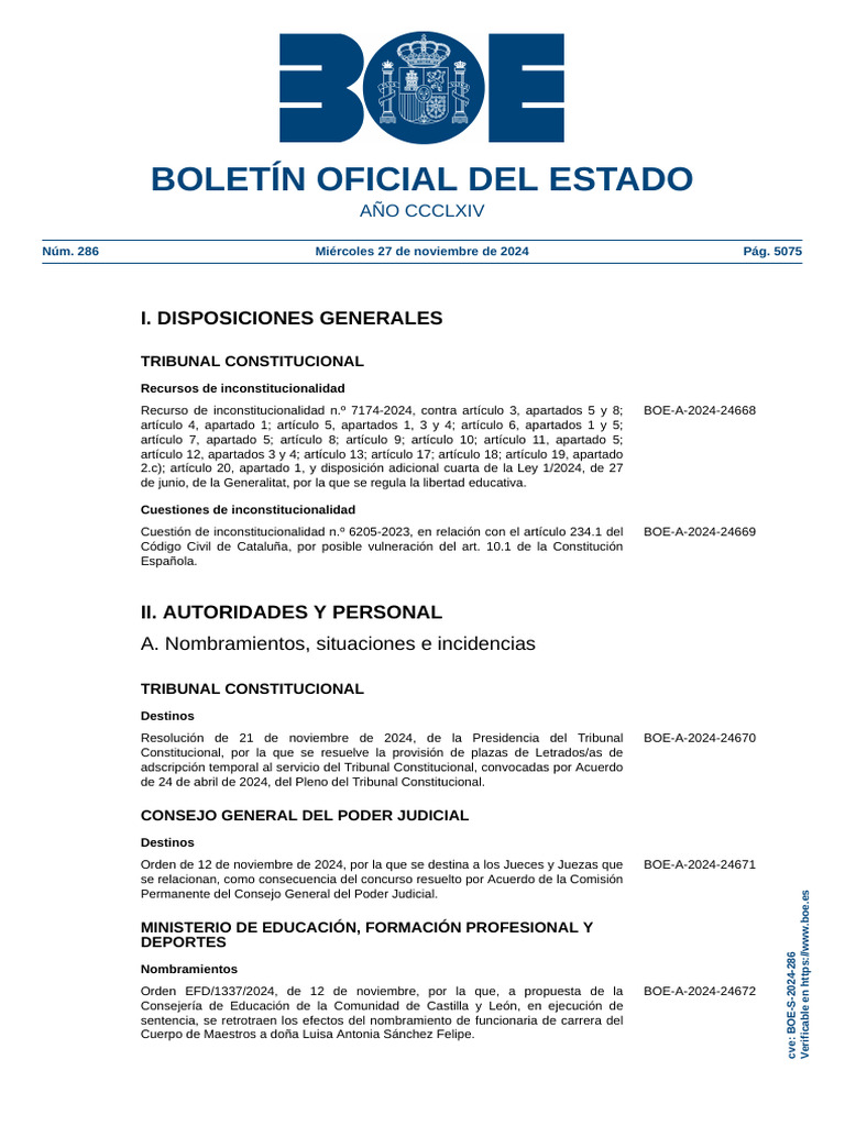 Boe S 2024 286 | PDF | Judicaturas | España