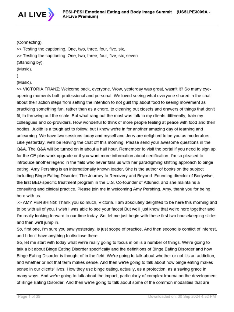 Transcript Binge Eating Disorder Focus | PDF | Psychological Trauma | Eating Disorder