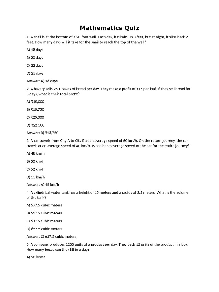 Mathematics Quiz Questions | PDF