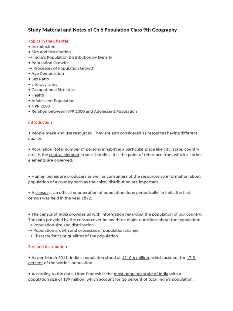 Population Notes | PDF | Adolescence | Literacy