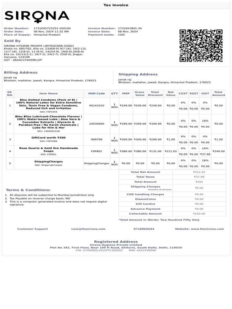 Sirona Invoice for Himachal Pradesh | PDF | Payments | Taxes