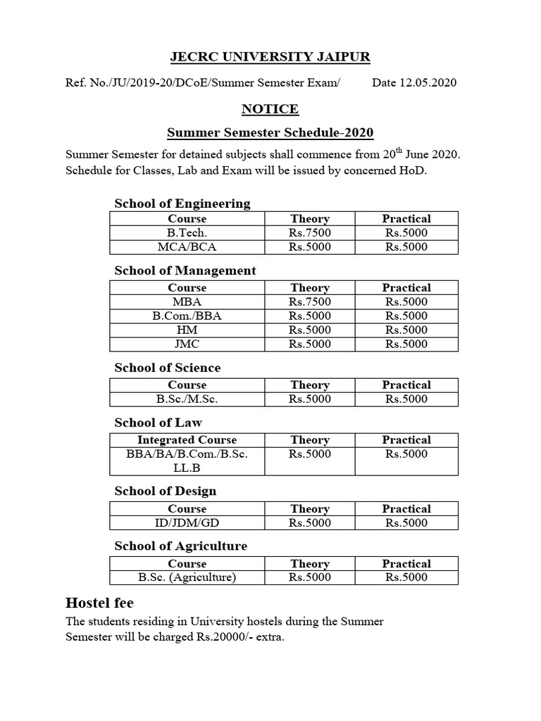 Jecrc University Jaipur Notice Summer Semester Schedule-2020 | PDF