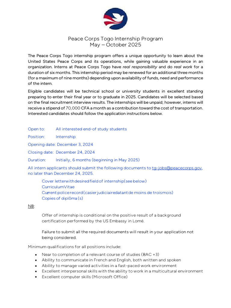 PC Togo Internship Program. May - October 2025 | PDF | Internship | Job ...