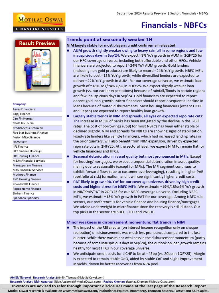Motilal_Oswal_Result_Preview_on_Financials_–_NBFCs_Trends_point | PDF | Microfinance | Expense