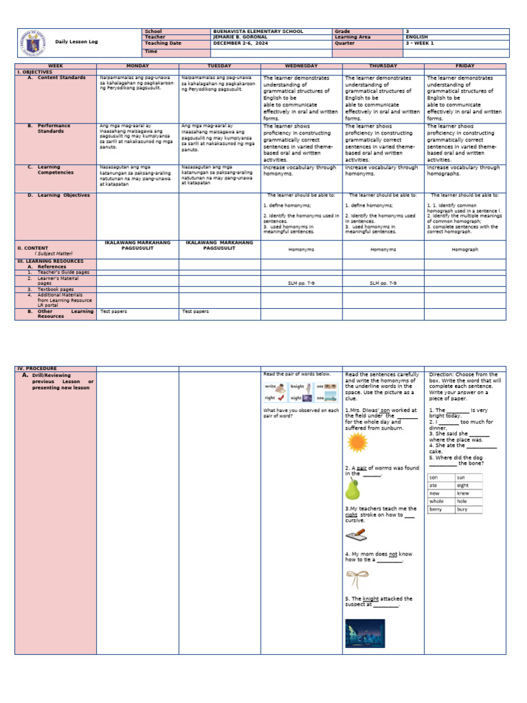 DLL English Q3 W1 | PDF | Word | Learning