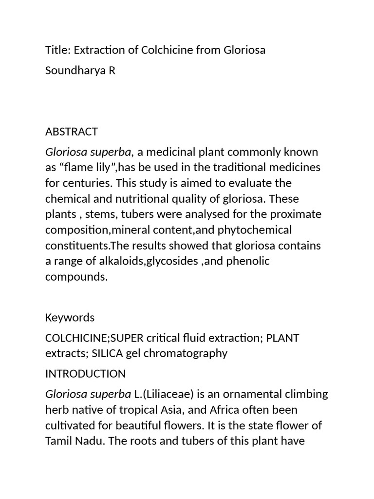 Colchicine Extraction from Gloriosa | PDF | Plants