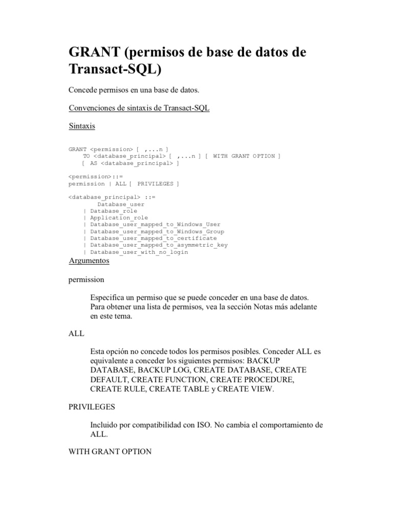 GRANT Permisos de Base de Datos de Transact-SQL | PDF | Informática