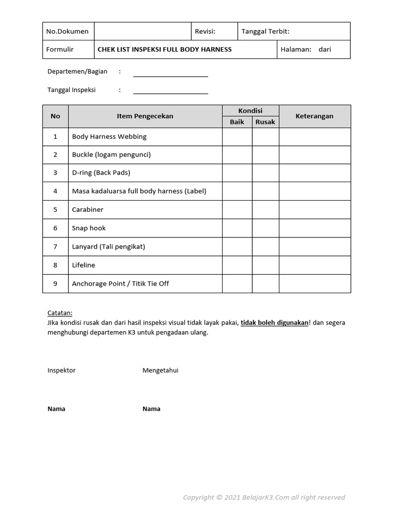 Form Check List Inspeksi Full Body Harness | PDF
