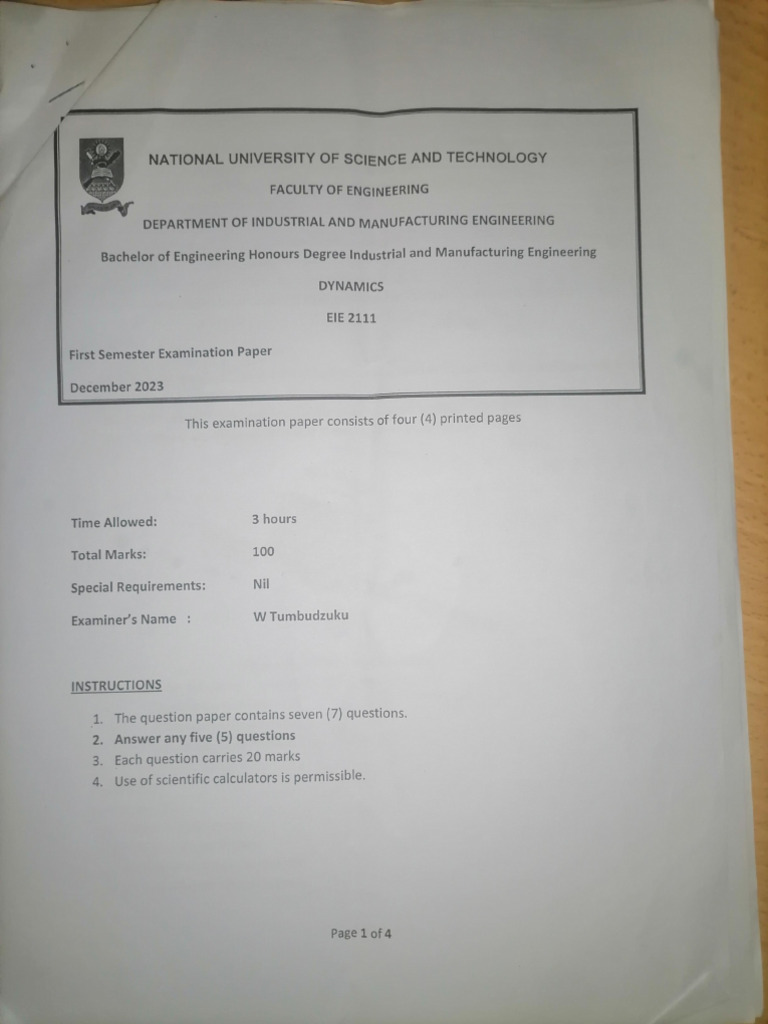 Dynamics 2023 EIE 2111 | PDF